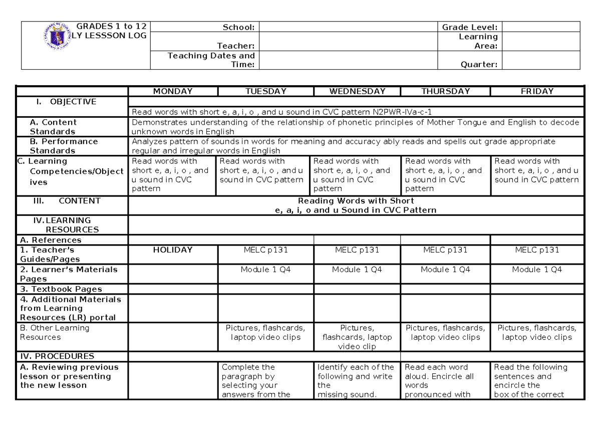 DLL- English-Q4W1 - Daily Lesson Plan on CVC Patterns - Studocu