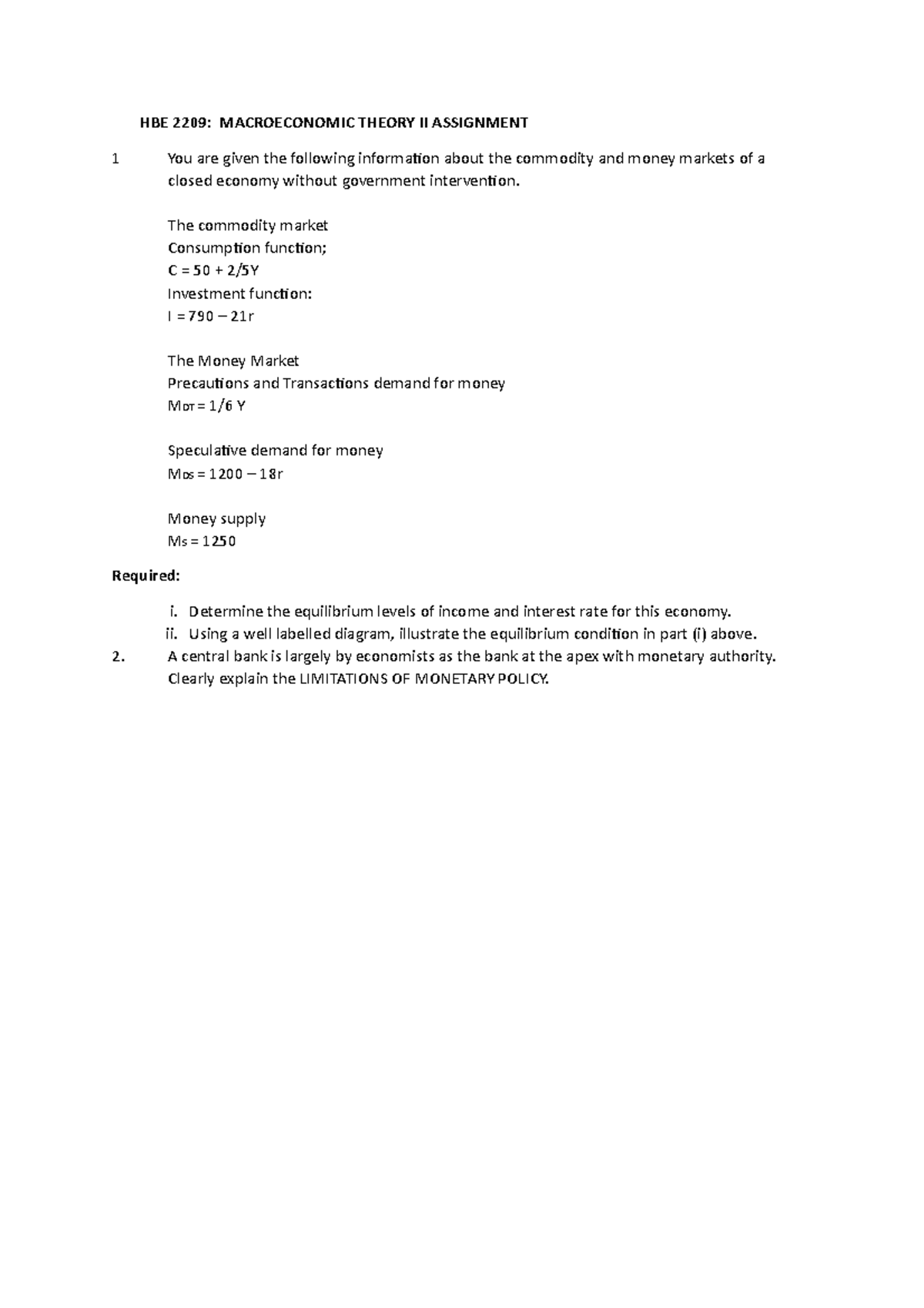 Assignment Macro Theory II - HBE 2209: MACROECONOMIC THEORY II ...