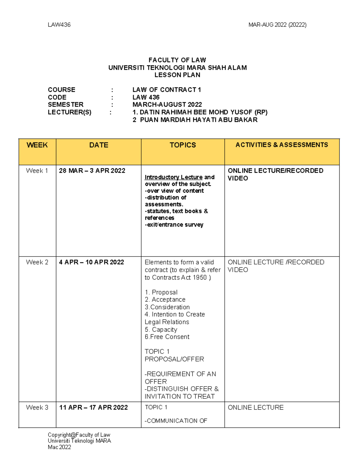 LAW436 Lesson Plan for Law of Contract - Semester 1, 2022 - Studocu