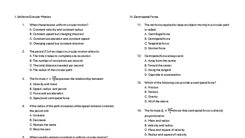Physics Long Quiz: Uniform Circular Motion & Centripetal Force - Studocu