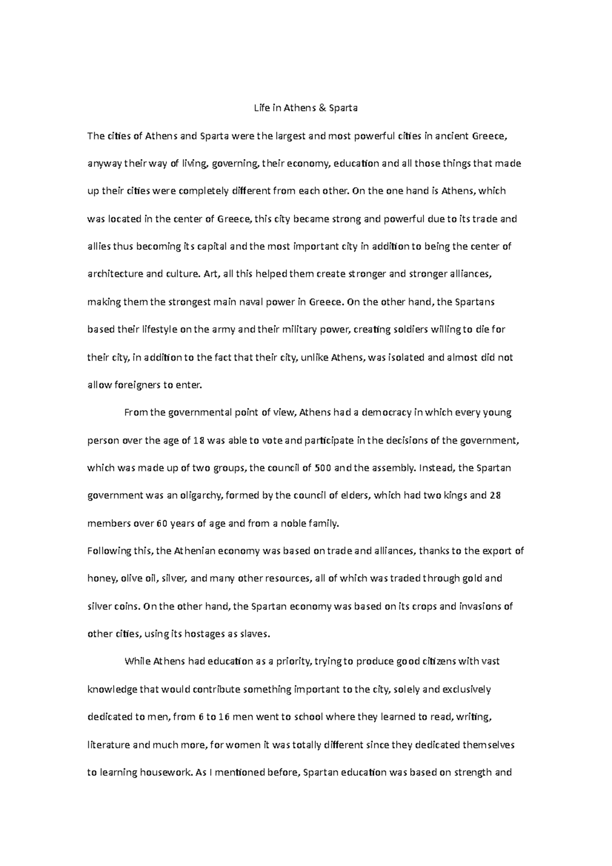 Life in Athens & Sparta: Comparative Analysis Essay Notes - Studocu