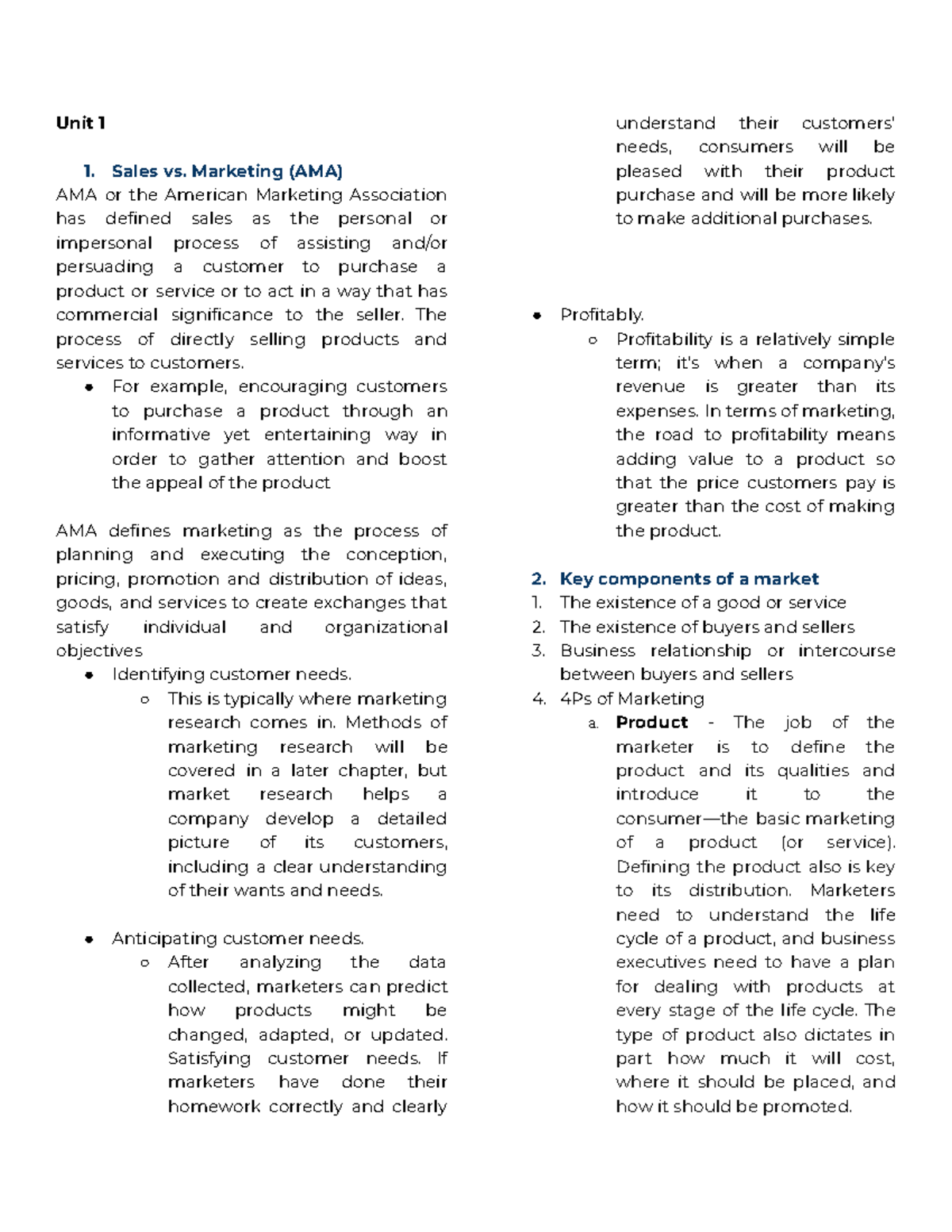 Marketing Unit 1 and 2 - Unit 1 1. Sales vs. Marketing (AMA) AMA or the ...