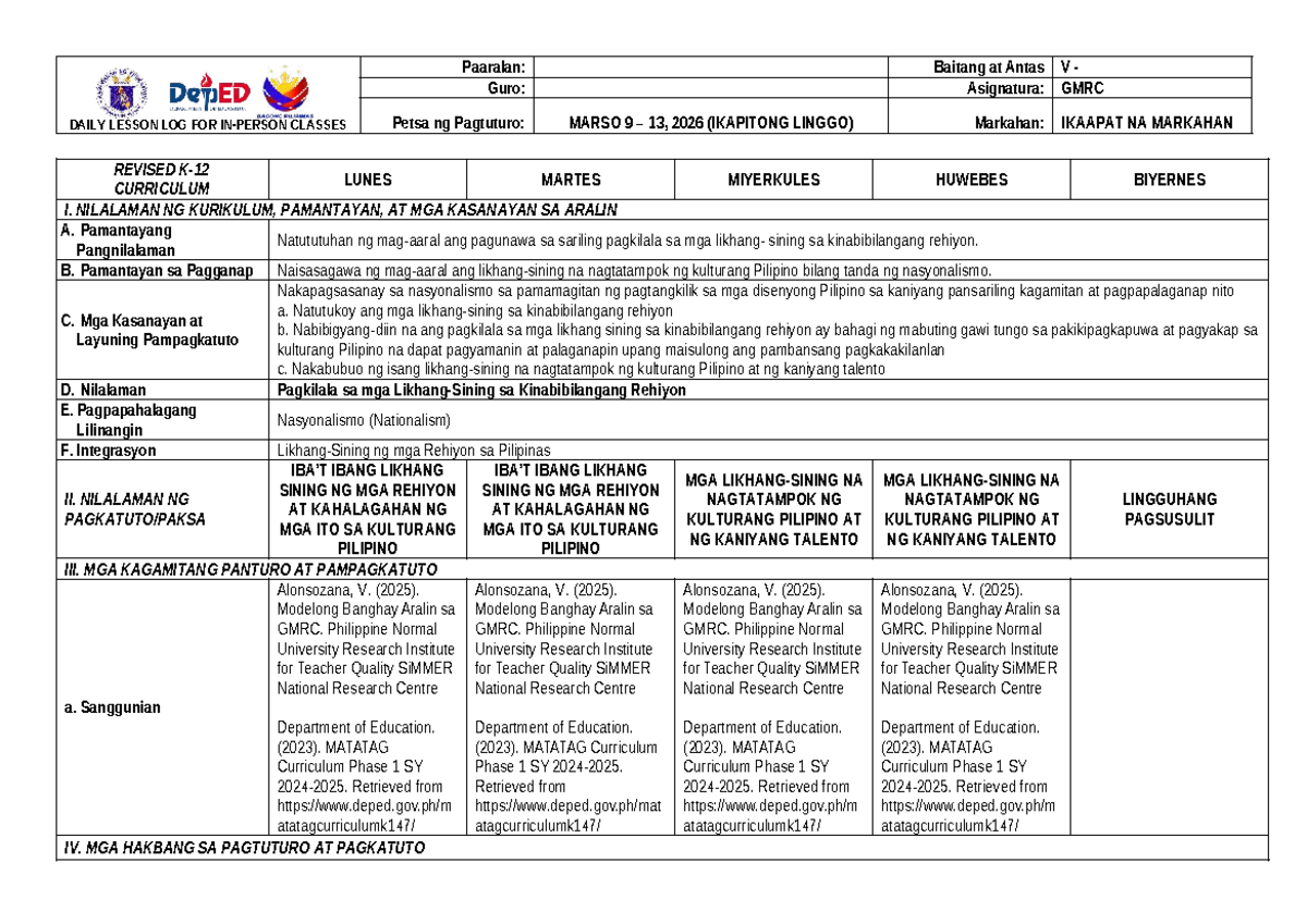 G5 GMRC DAILY LESSON LOG Q4 W7 - Pagtuturo ng Kultura at Sining - Studocu