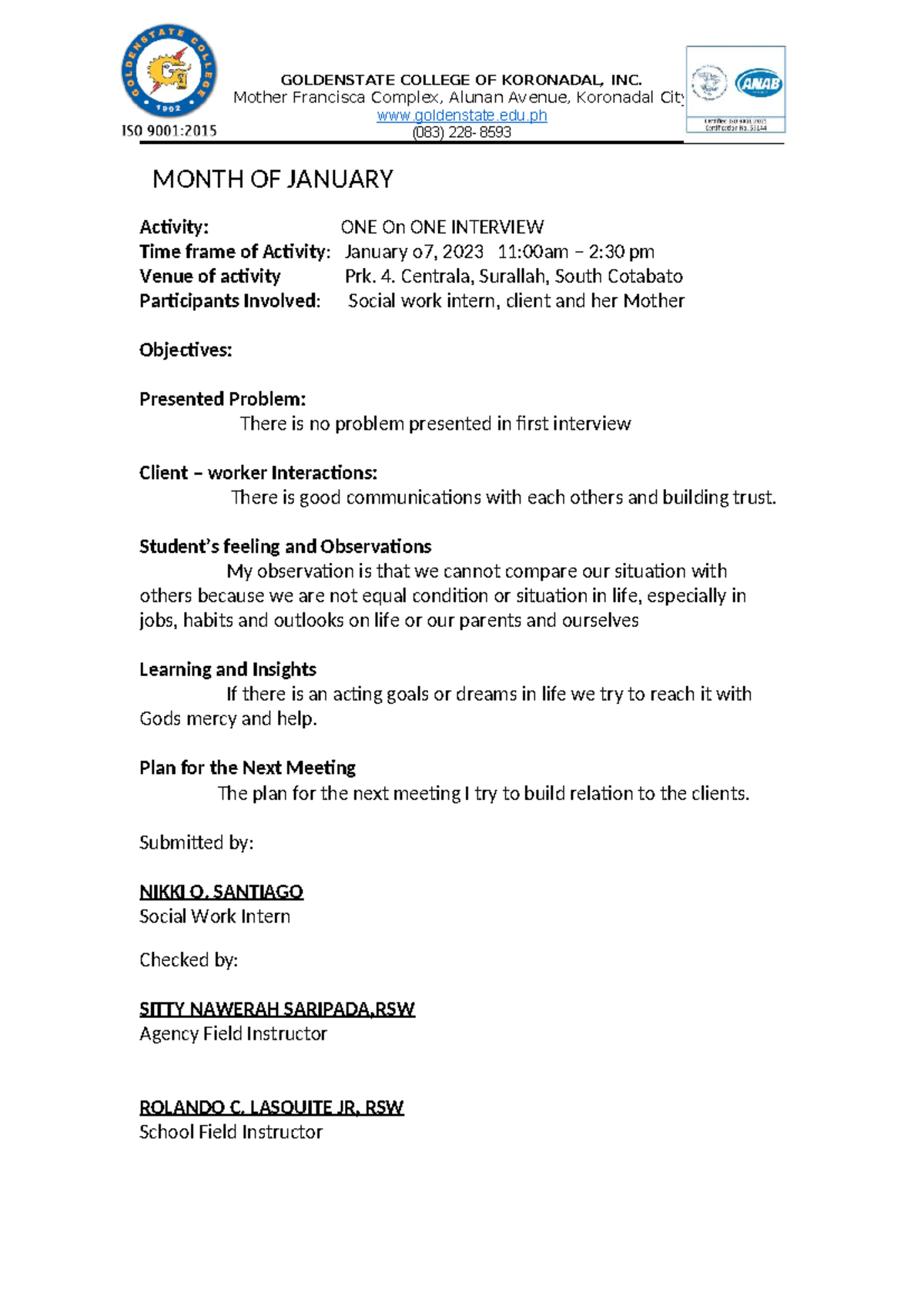 Social Work Intern One-on-One Interview Reports - SW 101 - Studocu