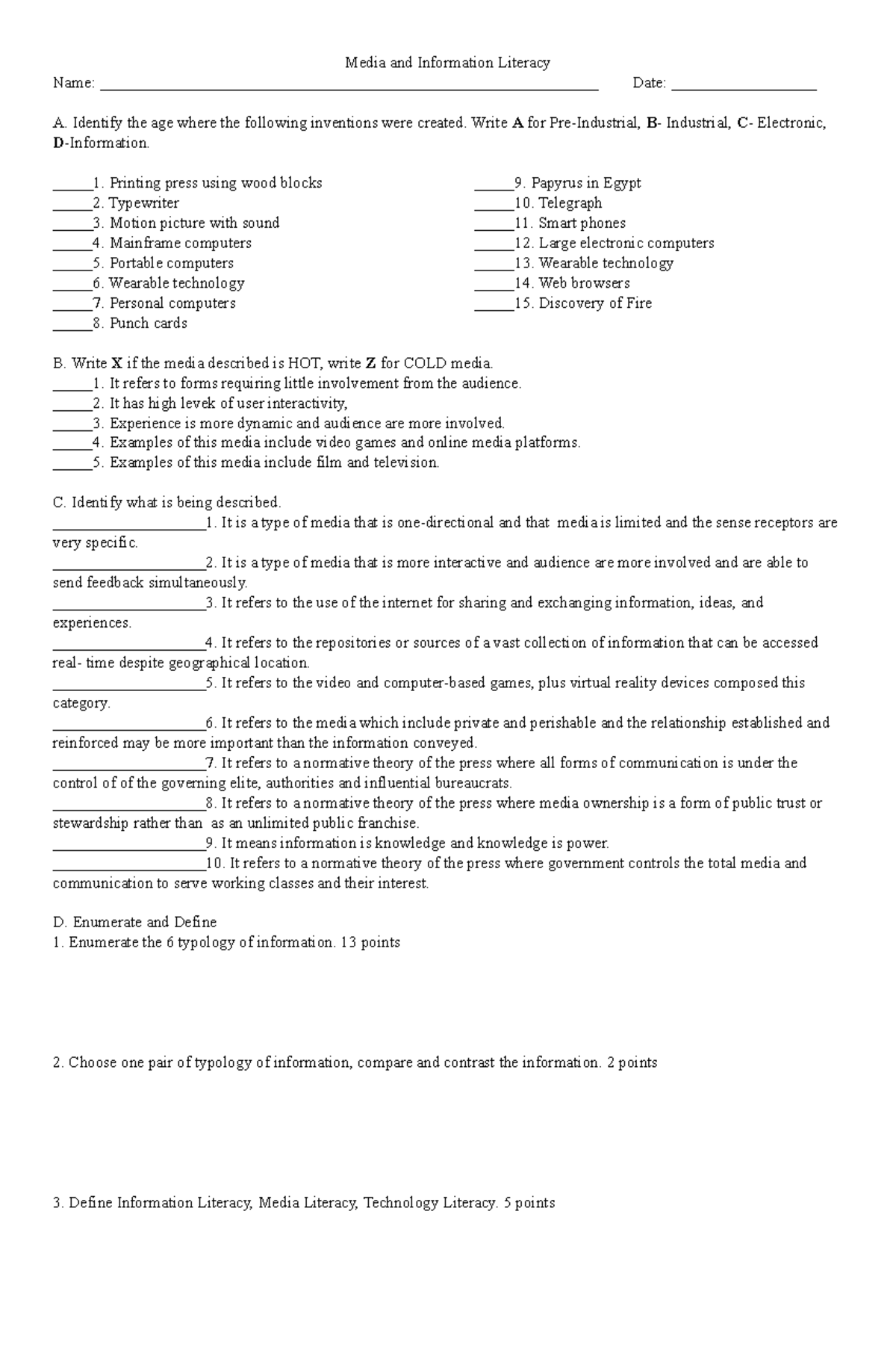 Media and Information Literacy - Identify the age where the following ...