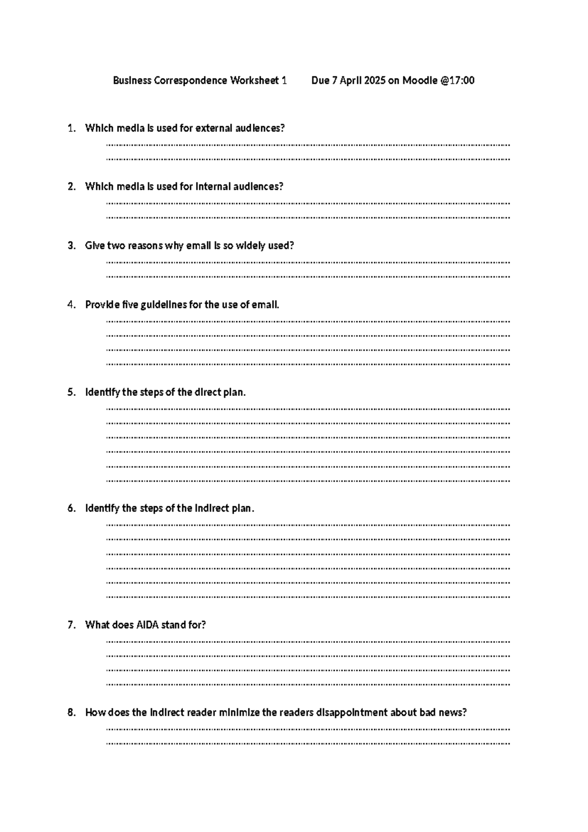 Business Correspondence Worksheet - - Studocu