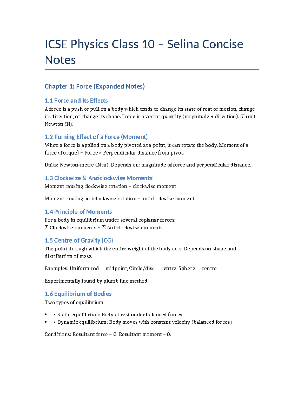 ICSE Physics Class 10 Selina Notes: Chapter 1 - Force Overview - Studocu