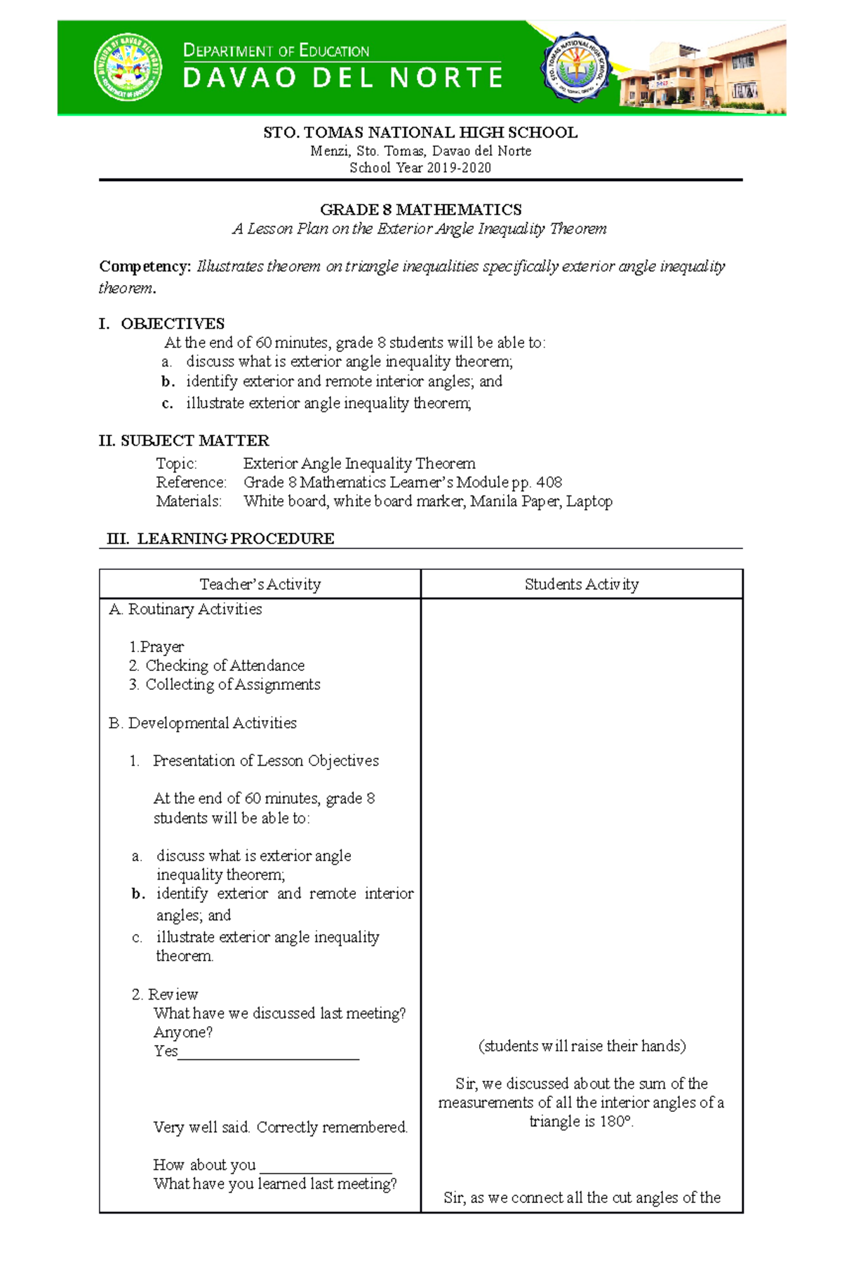 Grade 8 Math Lesson Plan: Exterior Angle Inequality Theorem - Studocu