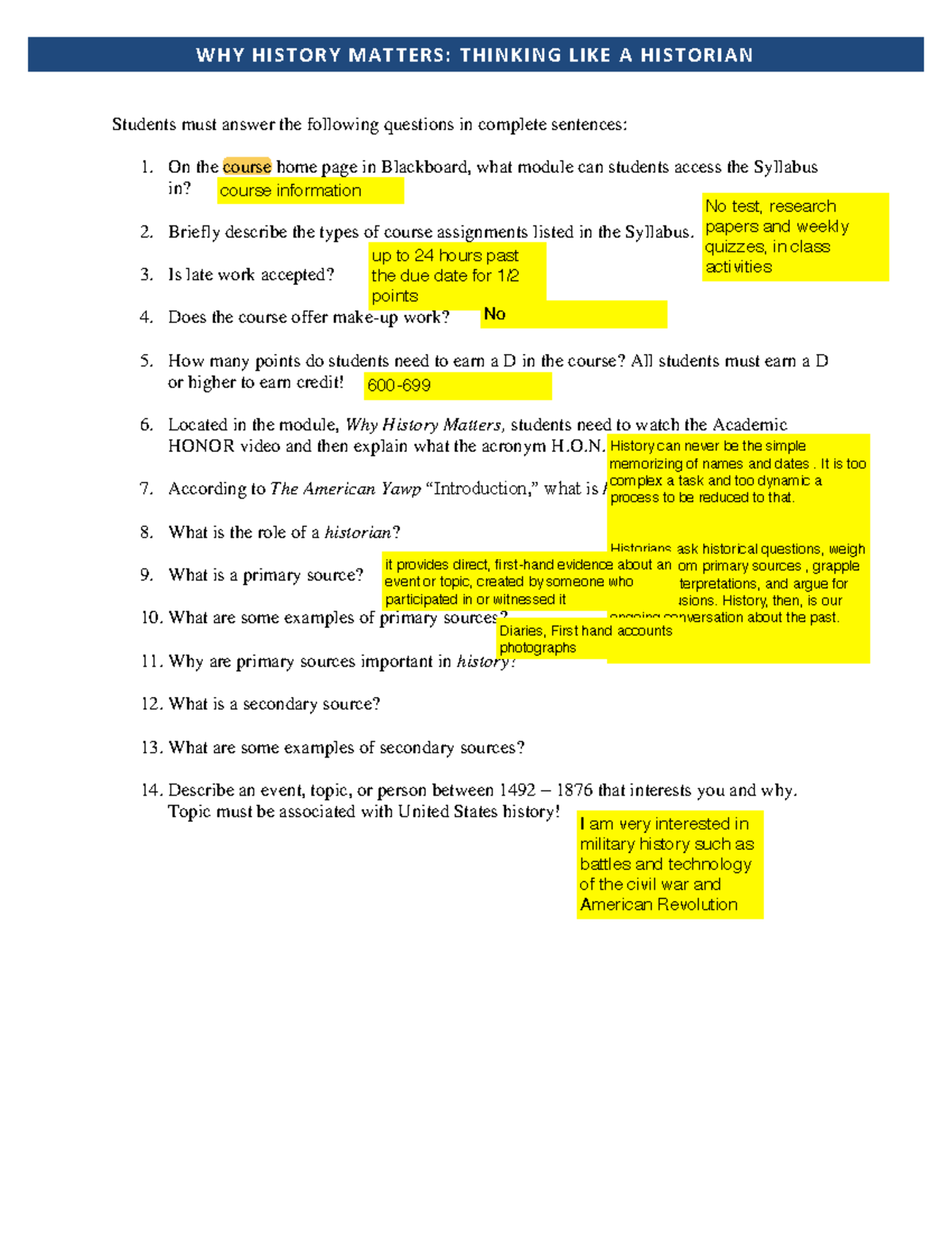 Quiz Why History Matters 1301 - WHY HISTORY MATTERS: THINKING LIKE A ...