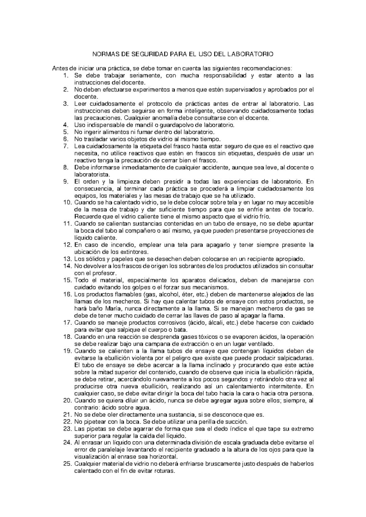 Normas de Seguridad en el Laboratorio - Práctica de Bioquímica 1 - Studocu