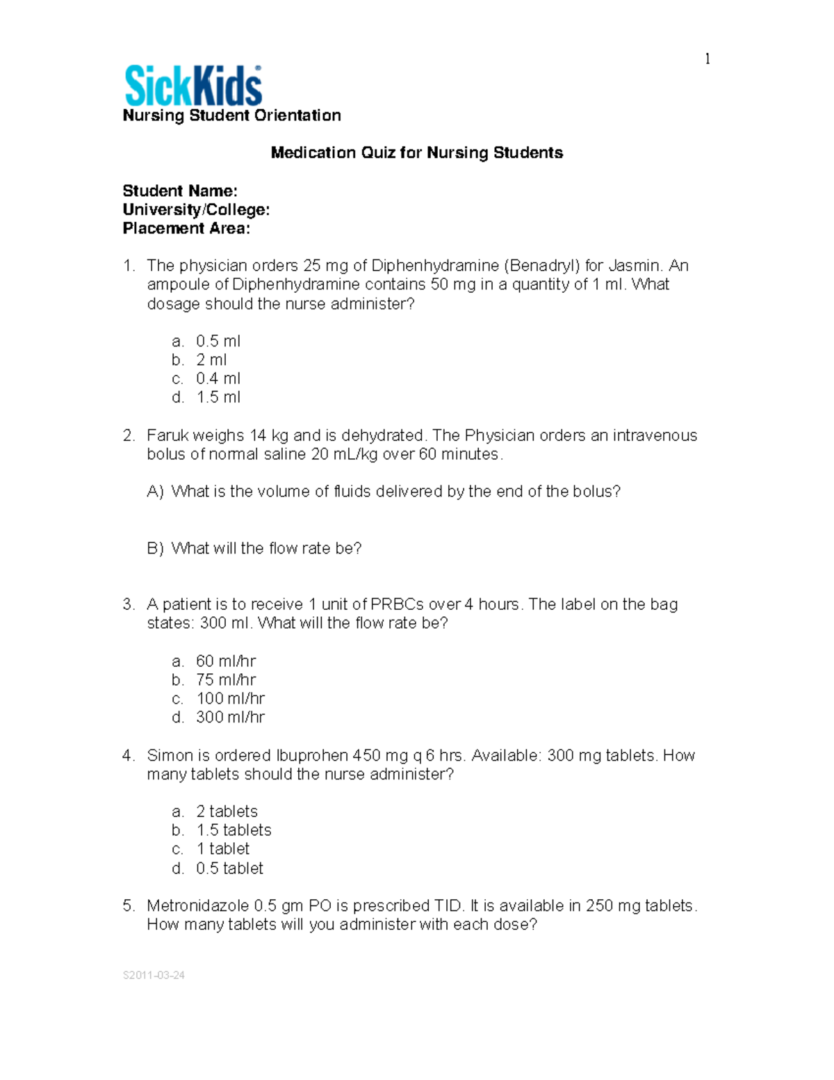 NURS 101: Medication Calculation Quiz for Nursing Students - Studocu