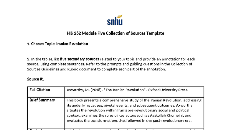 HIS 262 Module Five Collection of Sources Template - Refer to the ...