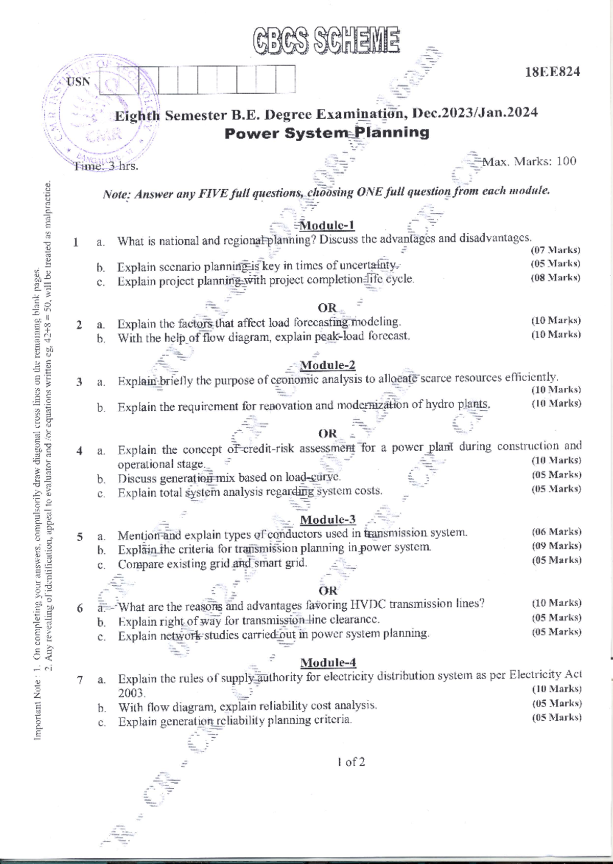 VTU Question Paper of 18EE824 Power System Planning Jan-Fab-2024 - CBCS ...