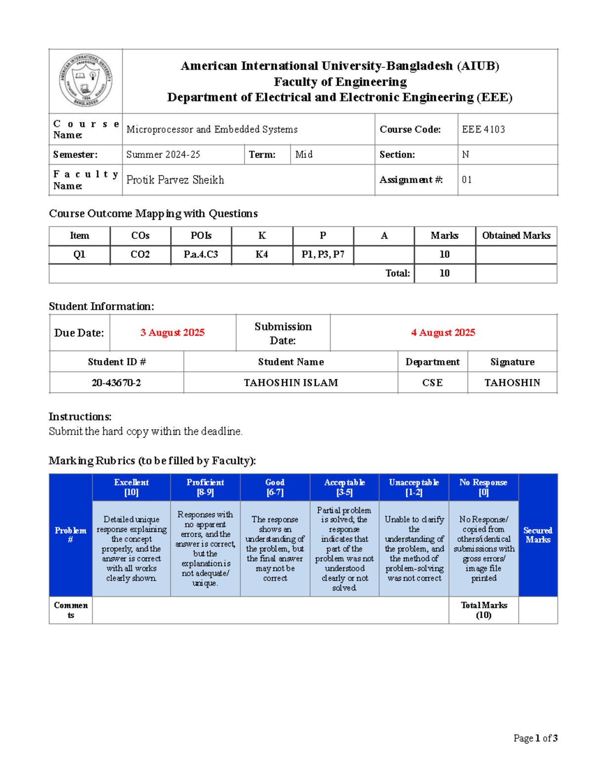 MAES 4103 Midterm Assignment 01: Microprocessor & Embedded Systems - Studocu