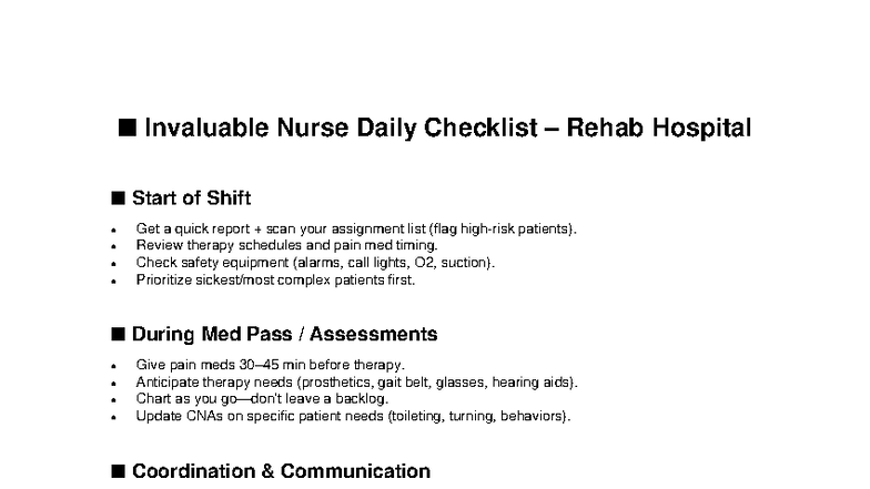 Invaluable Nurse Daily Checklist: Rehab Hospital Shift Prep - Studocu