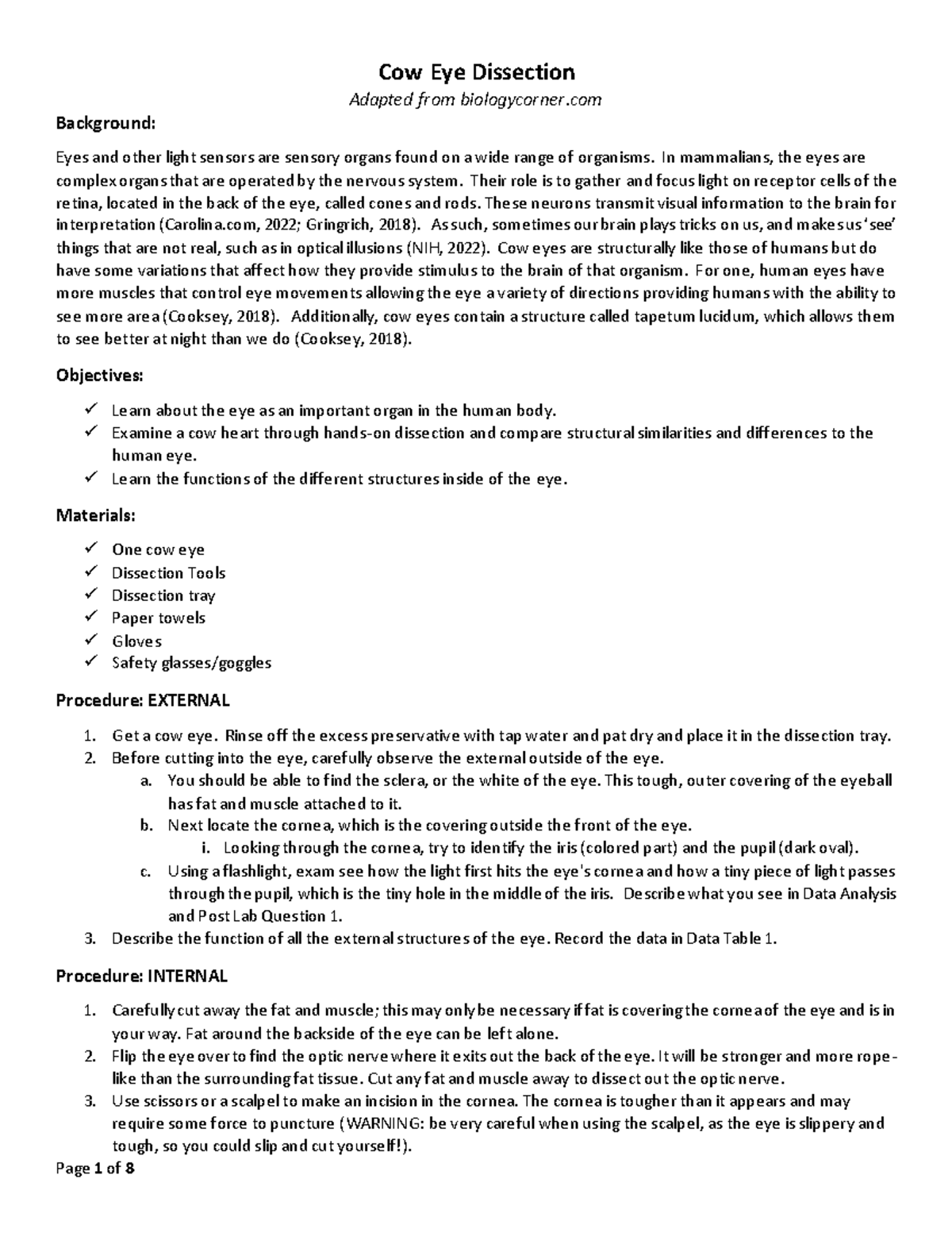 Cow Eye Dissection Lab Worksheet: Exploring Structure & Function - Studocu