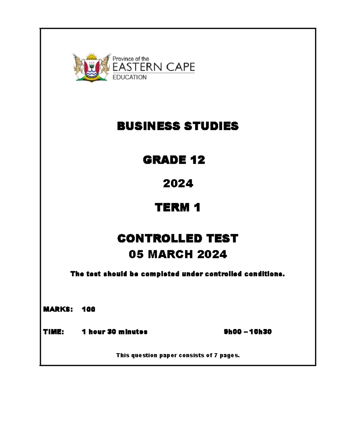 2024 GR 12 EC Term 1 Controlled Test - Business Studies Exam Paper ...