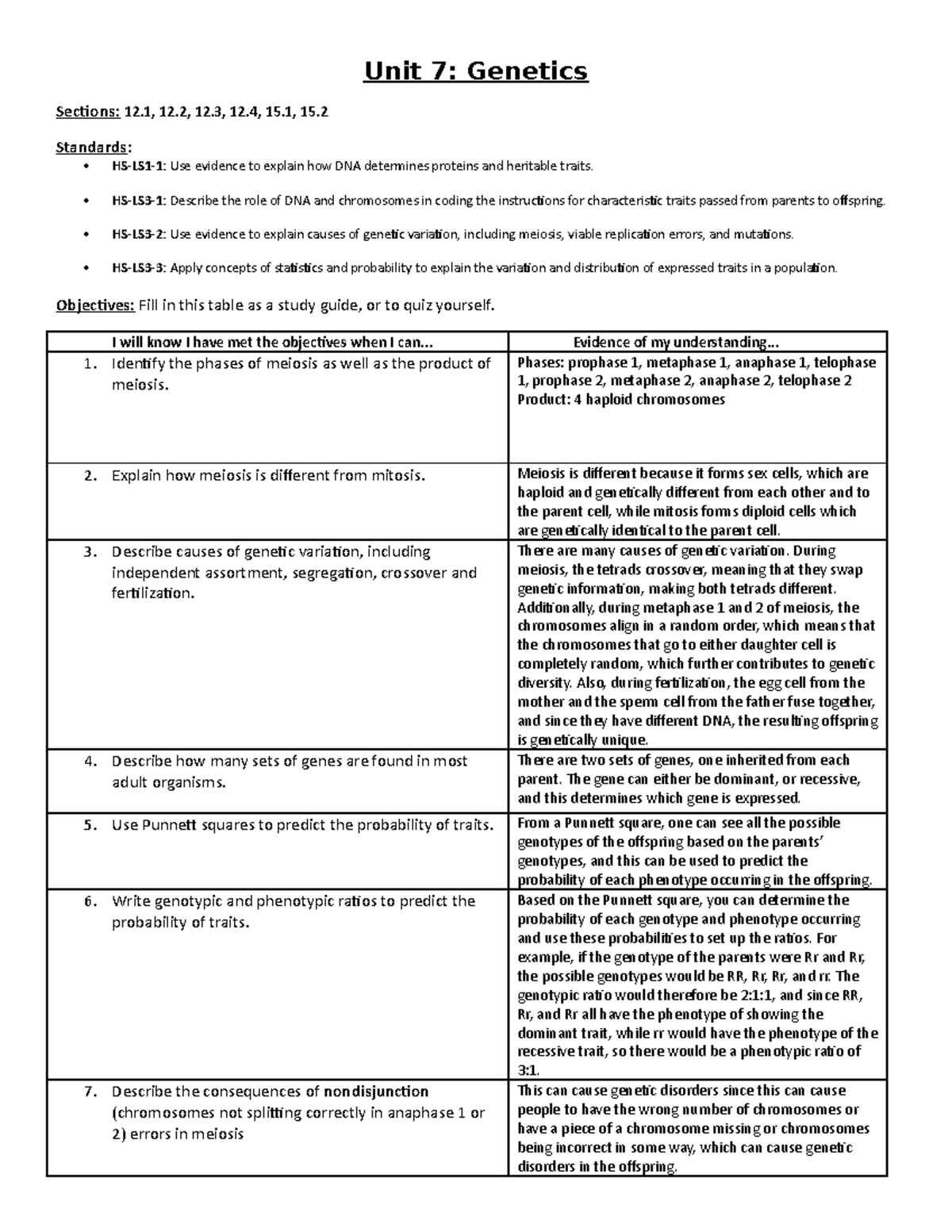 Unit 7 Review Sheet - Unit 7: Genetics Sections: 12, 12, 12, 12, 15, 15 ...