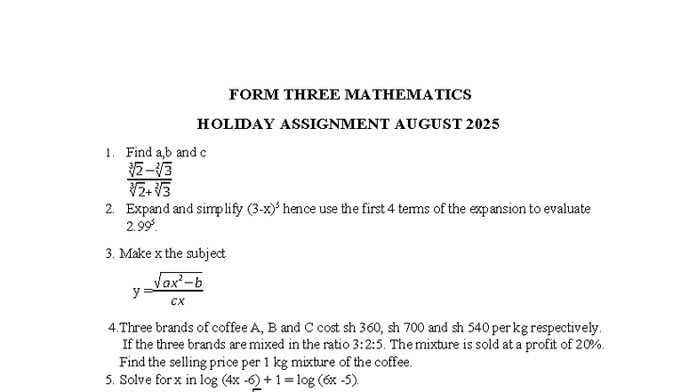 FORM THREE MATHEMATICS HOLIDAY ASSIGNMENT AUGUST 2025 - Studocu
