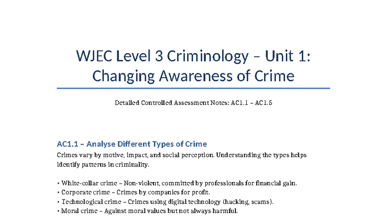WJEC Level 3 Criminology Unit 1: Detailed Assessment Notes on Crime ...