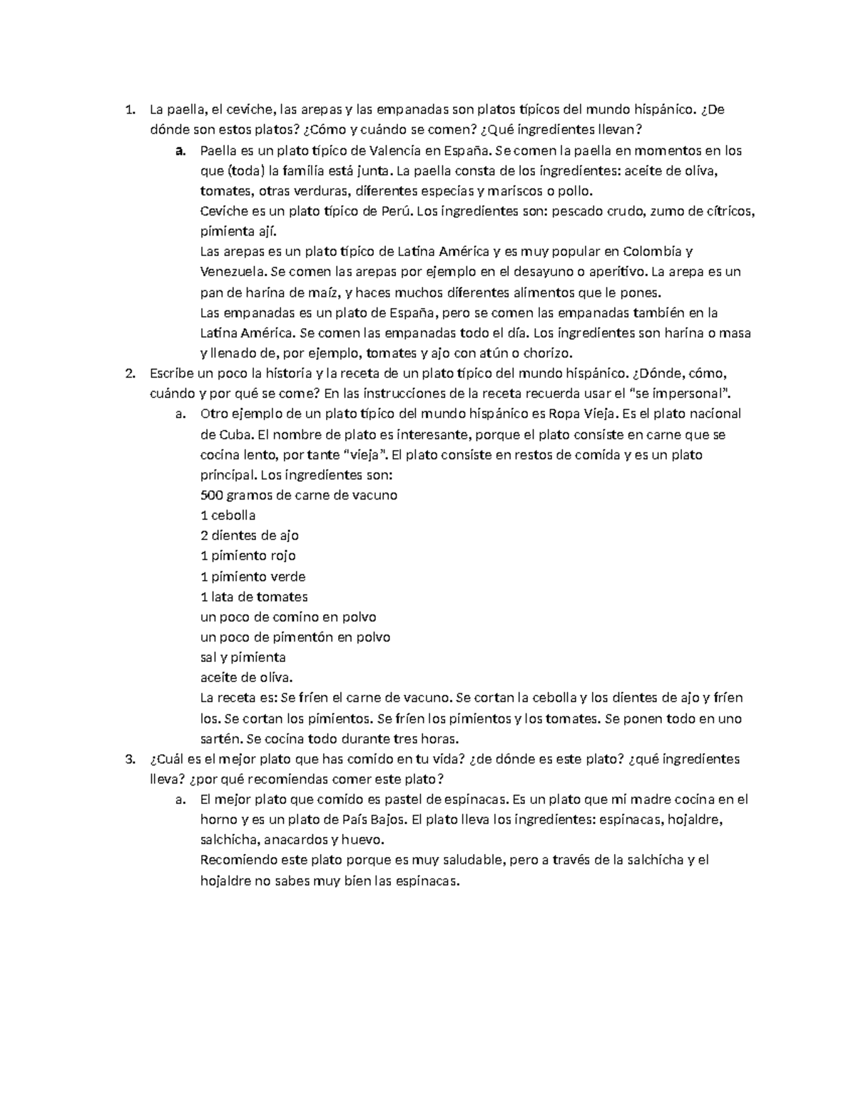Platos típicos del mundo hispánico: Ficha de trabajo 3 - Studeersnel