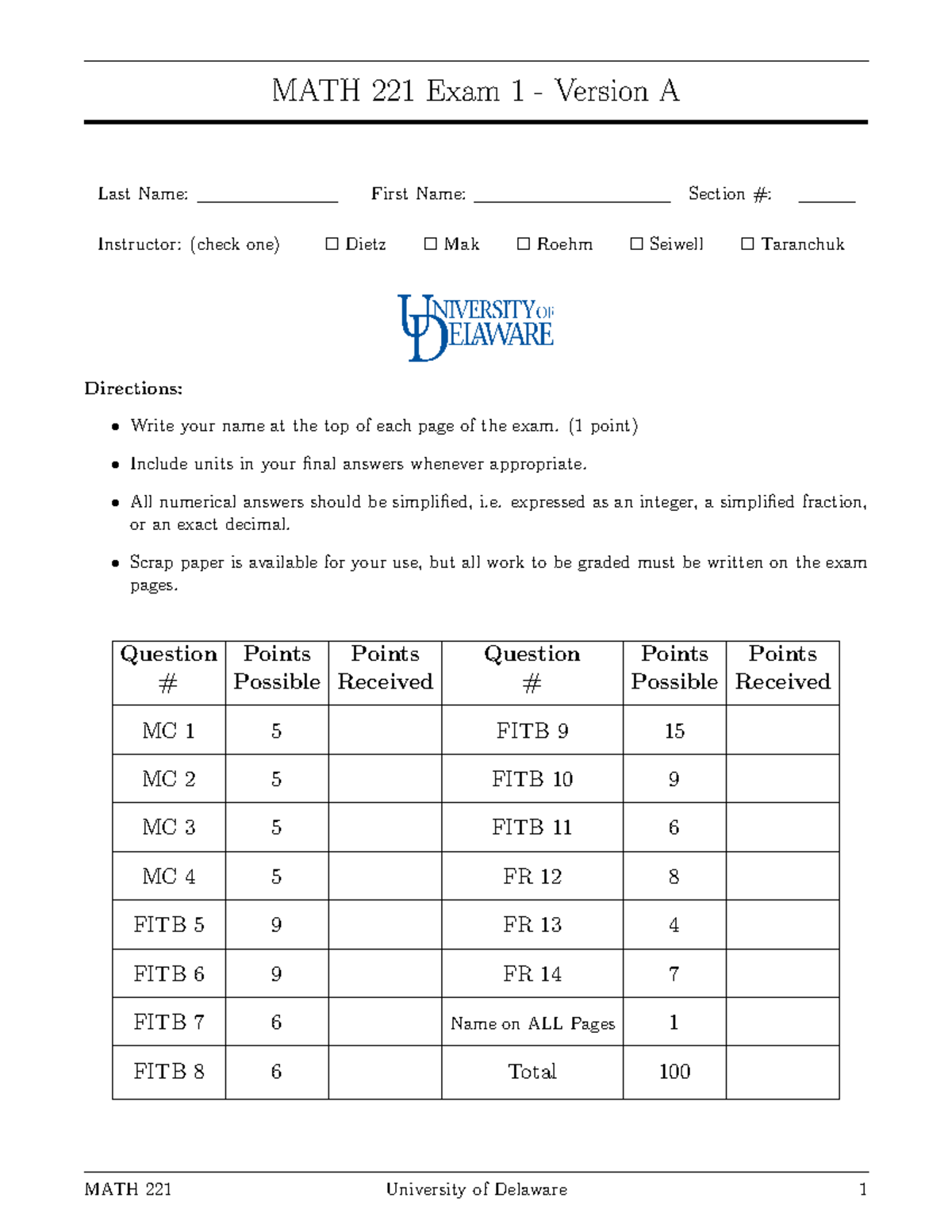 Old Exam1 - old exam - MATH 221 Exam 1 - Version A Last Name: First ...
