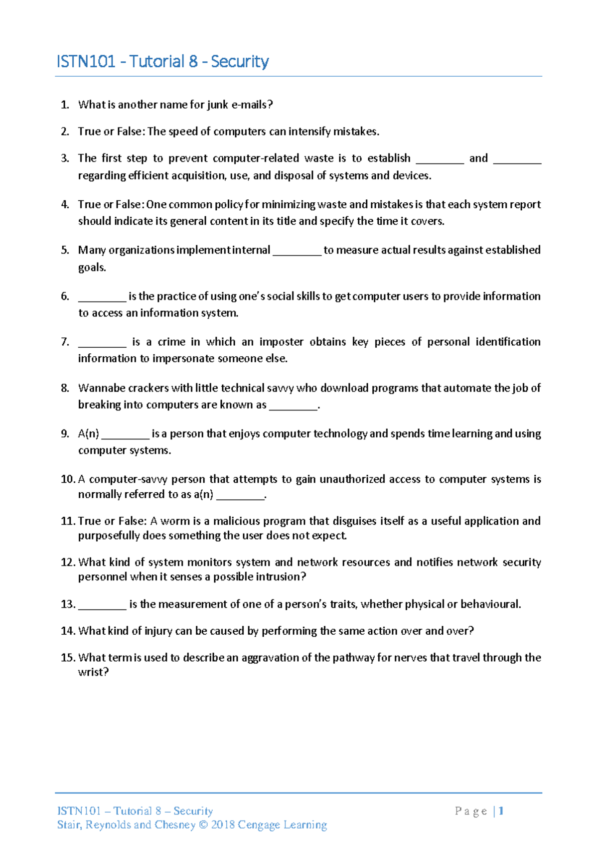 ISTN101 Tutorial 8 - Security - ISTN101 – Tutorial 8 – Security P a g e ...