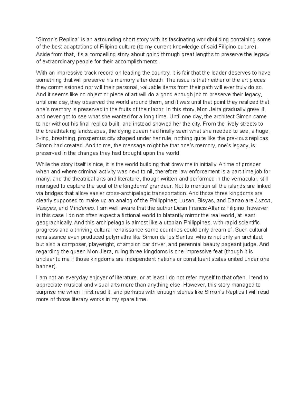 Essay Notes on "Simon’s Replica": Insights into Filipino Culture - Studocu