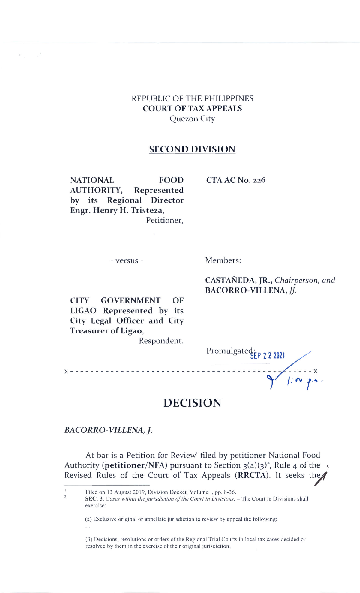 CTA 2D AC 00226 NFA vs. City Government of Ligao Decision Analysis ...