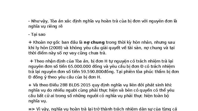 BT LHD - Phân Tích Nghĩa Vụ Hoàn Trả Trong Ly Hôn - Studocu