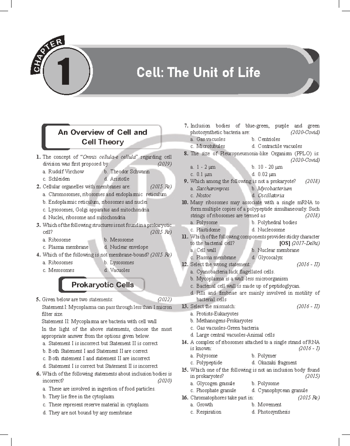 Cell: The Unit of Life - PYQs for NEET Preparation - Studocu