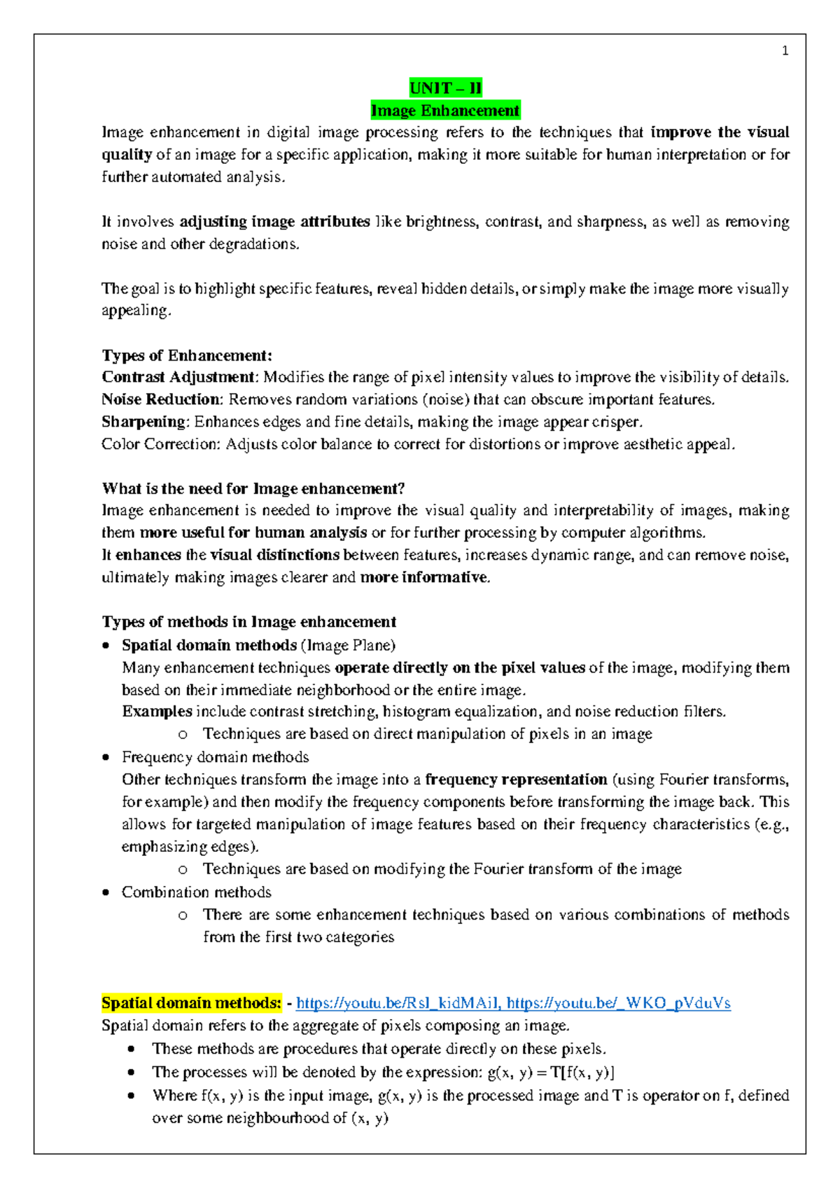 Unit II: Image Enhancement Techniques in Digital Processing - Studocu