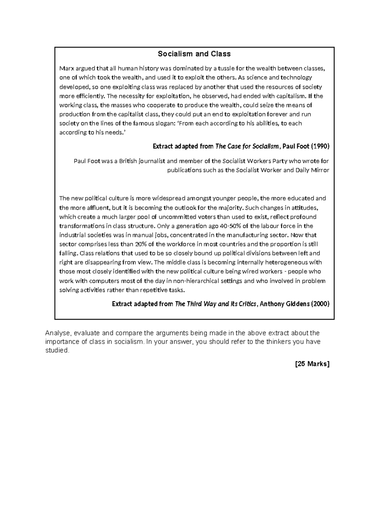 25 Mark Analysis of Class in Socialism: Foot & Giddens - Studocu
