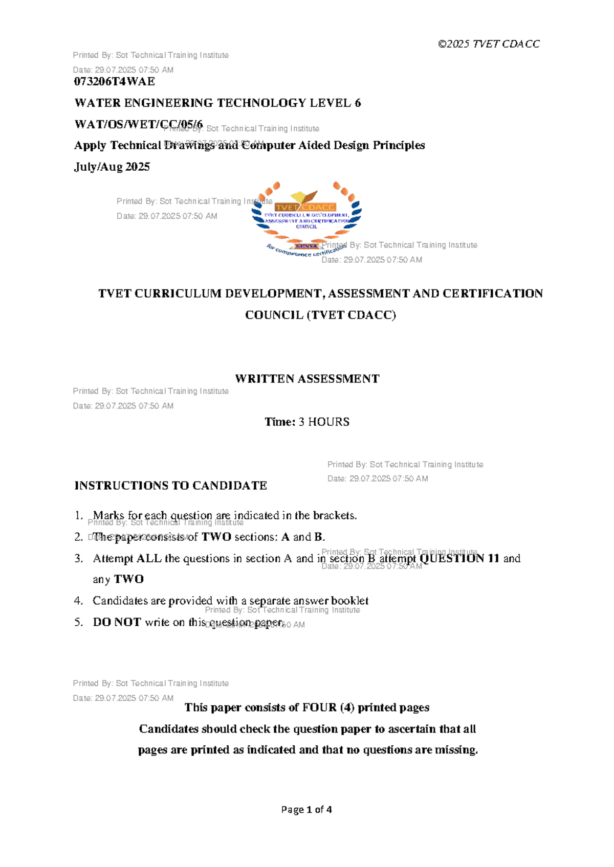 TVET CDACC 6-WAE Water Engineering Technology Assessment 2025 - Studocu