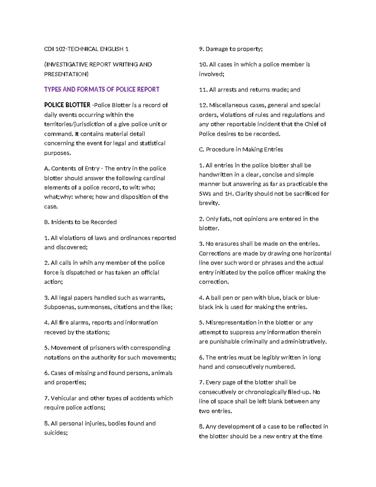 CDI 102 Technical English 1: Investigative Report Writing Guide - Studocu