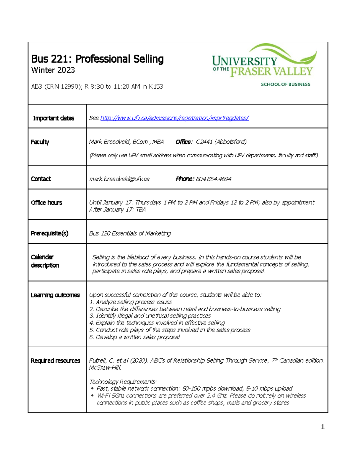 BUS 221 Course Syllabus - Professional Selling (Winter 2023) - Studocu
