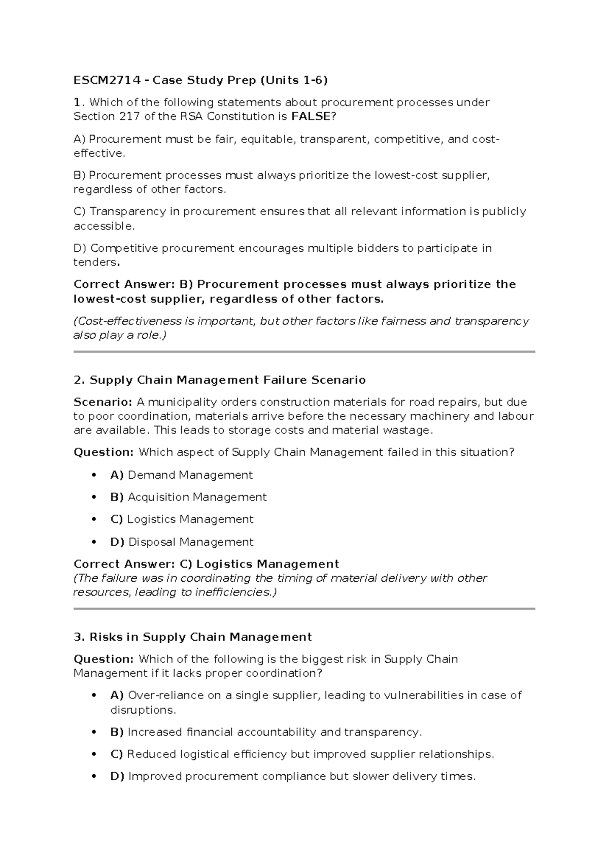 ESCM2714 Case Study 2 Prep: Key Procurement Concepts & Scenarios - Studocu
