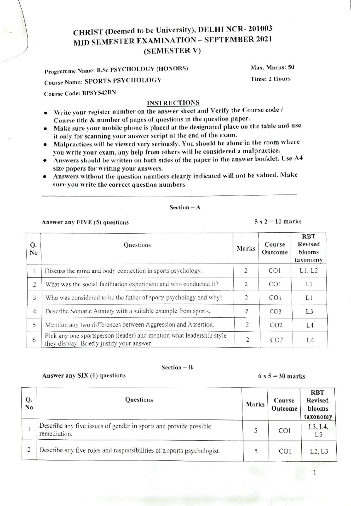 BPSY542BN Sports Psychology Mid Sem Exam Question Paper 2021 - Studocu