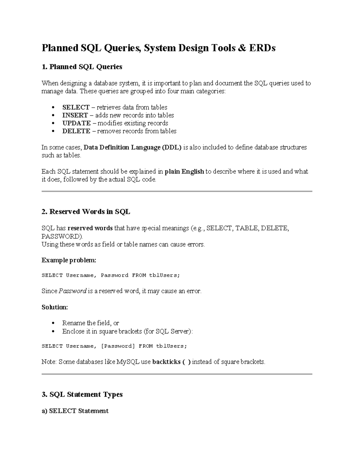 Planned SQL Queries & ERDs - Database Design Notes - Studocu