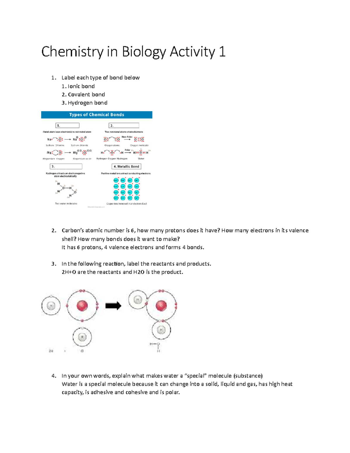 Chemistry in Biology Activity 1: Bonds and Water Properties - Studocu