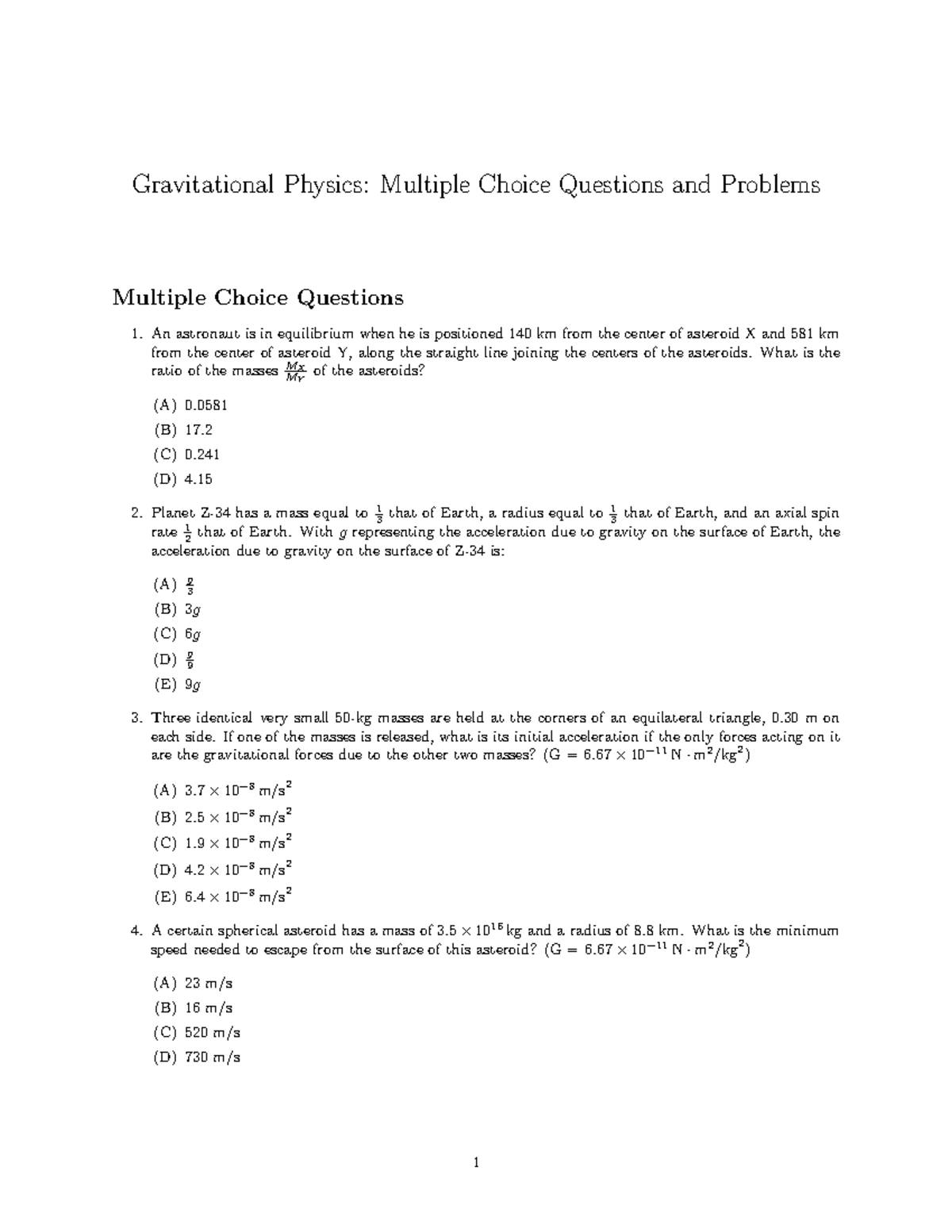 Gravitational Physics: MCQs & Problems (Ch13 Tut) - Studocu