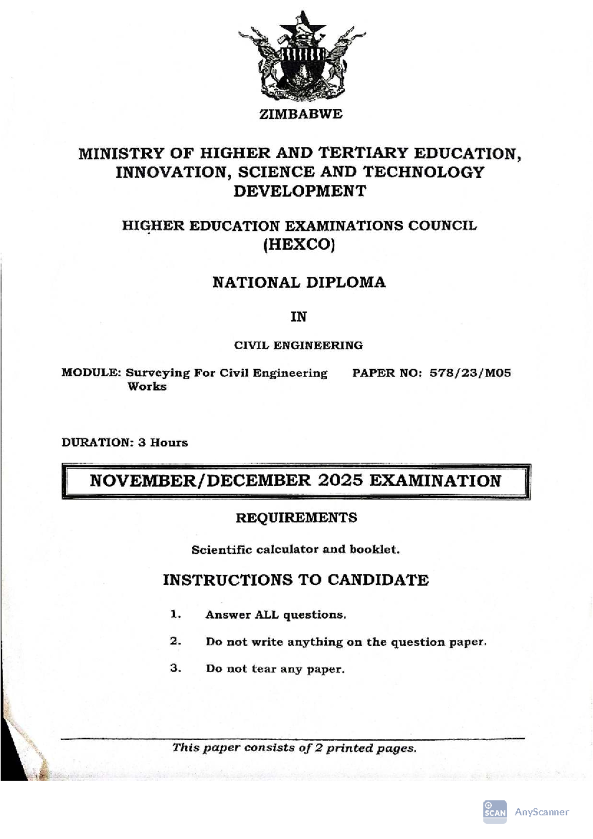 IRIDOM HEXCO National Diploma in Civil Engineering: Surveying Exam 2025 ...