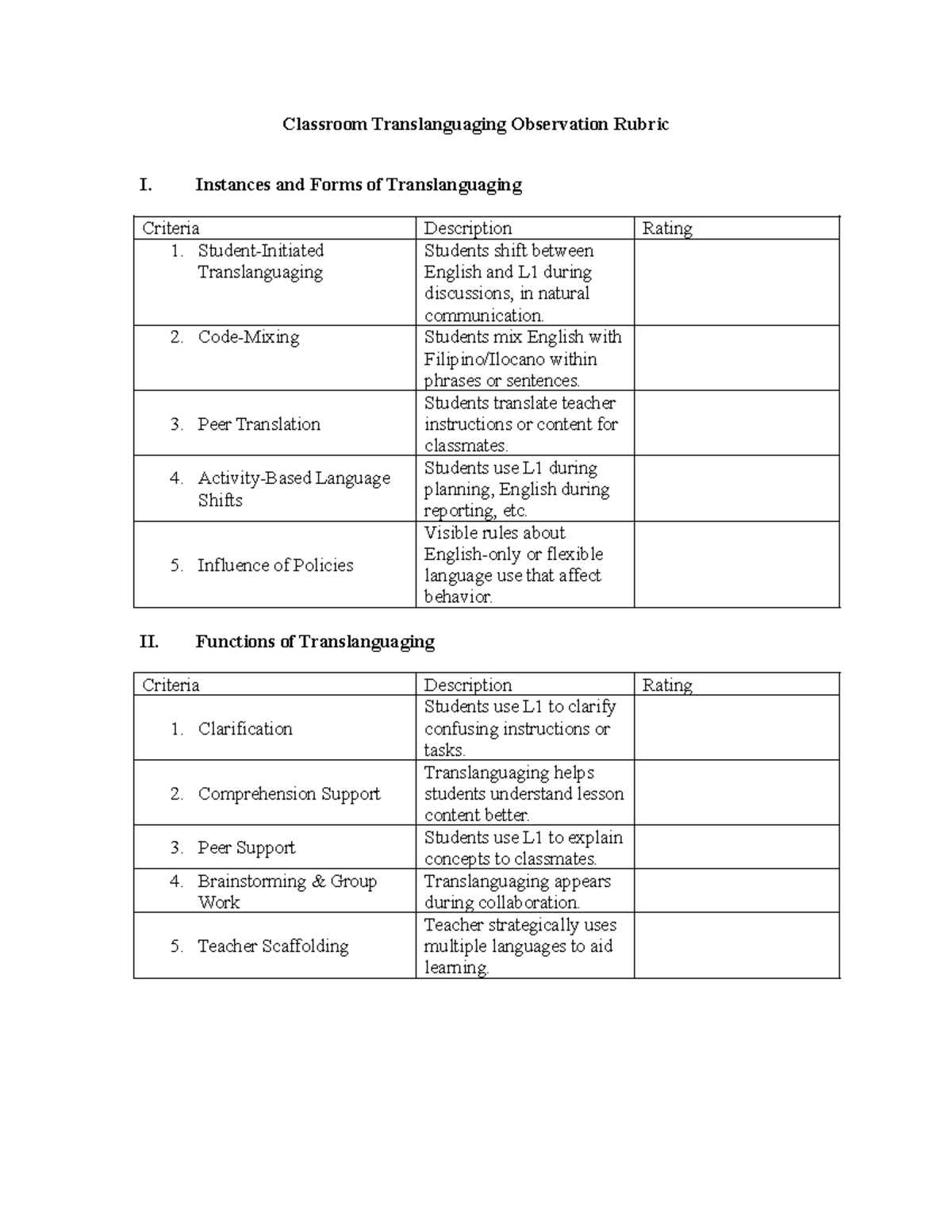 Classroom Translanguaging Observation Rubric: Criteria & Functions ...