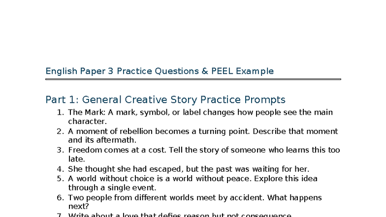 English Paper 3: Creative Story Prompts & Analysis of "The Mark" - Studocu