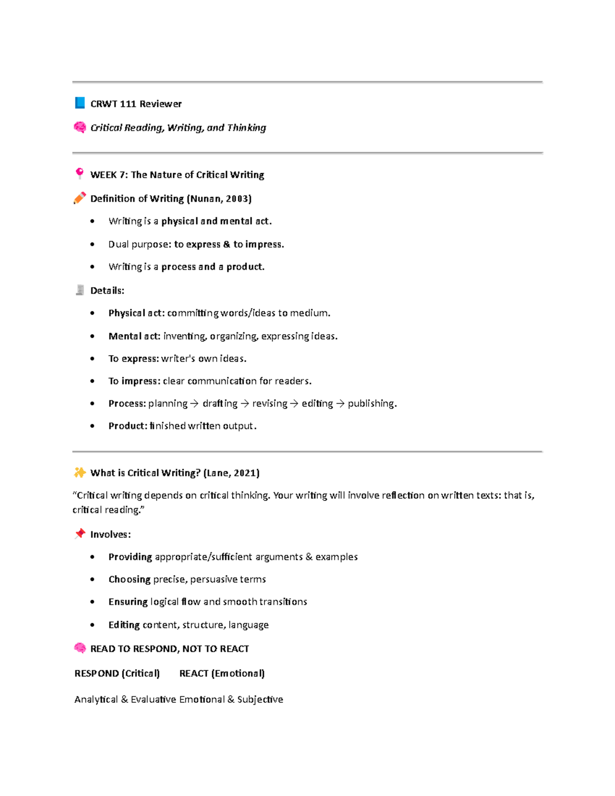 CRWT 111 Week 7 & 9 Reviewer: Critical Writing & Planning Techniques ...