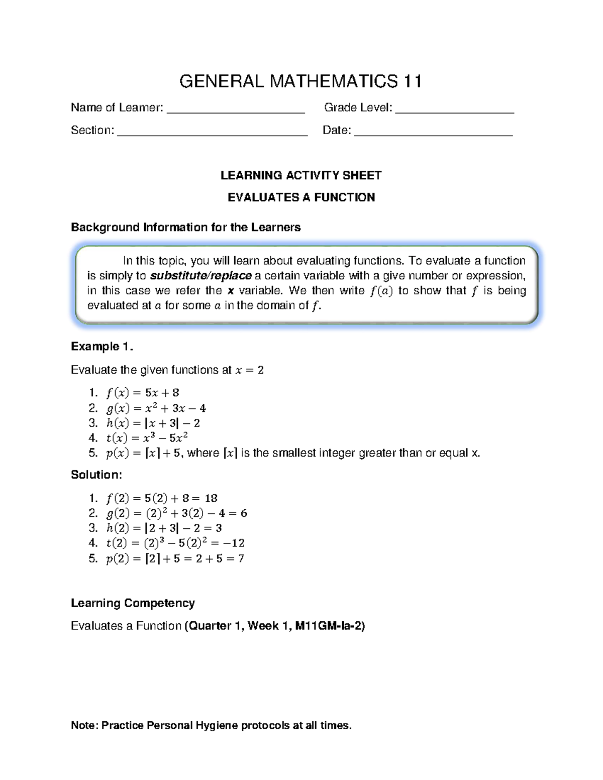 GENERAL MATHEMATICS 11: Evaluating Functions Activity Sheet - Studocu