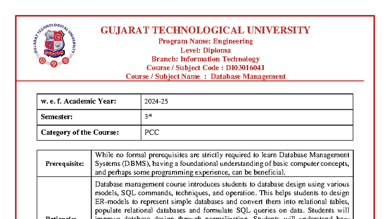 DI03016041 - Database Management Course Syllabus for Diploma IT - Studocu