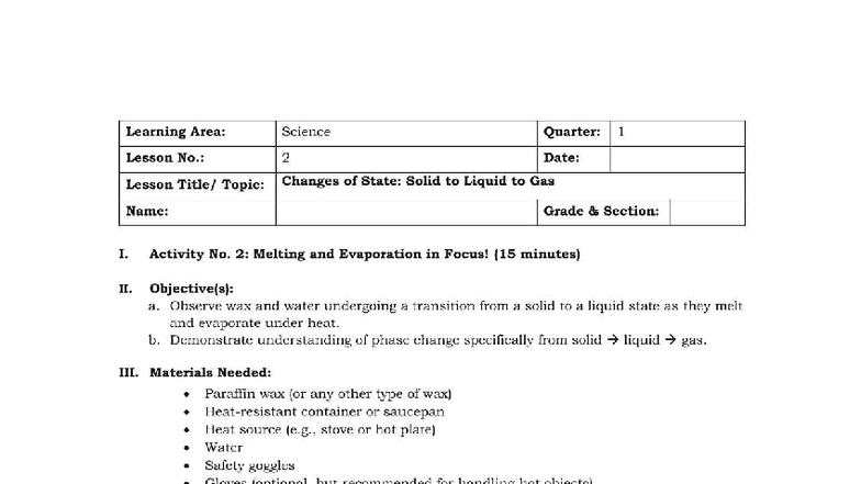 Q1 Activity - Melting of Wax and State Changes in Matter - Studocu