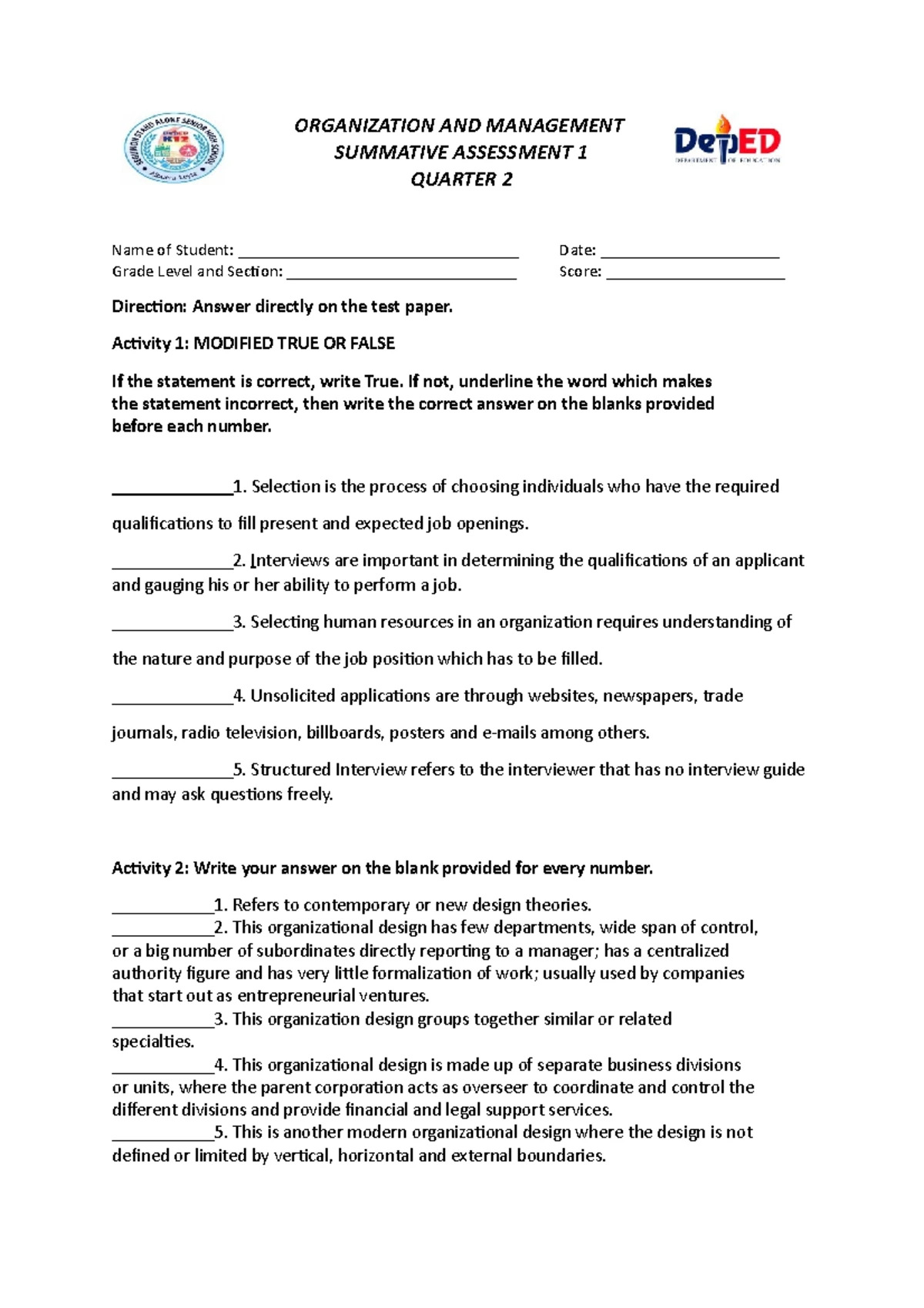 Organization and Management Summative Test 1 - ORGANIZATION AND ...