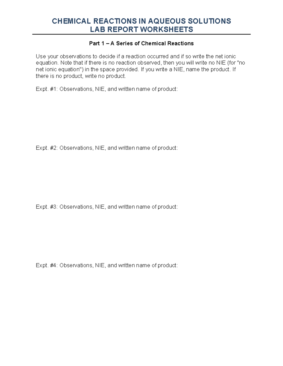 Chemical Reactions in Aqueous Solutions Worksheets - LAB REPORT ...